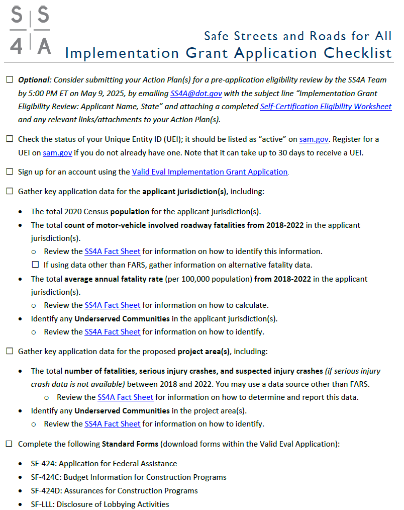 SS4A Implementation Grant Application Checklist | US Department of Transportation